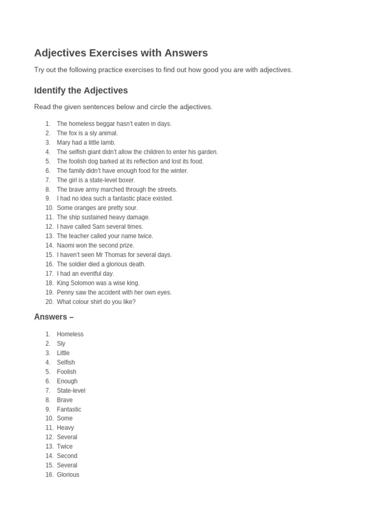 Adjective Exercises with Answers | PDF | Adjective | Quantity