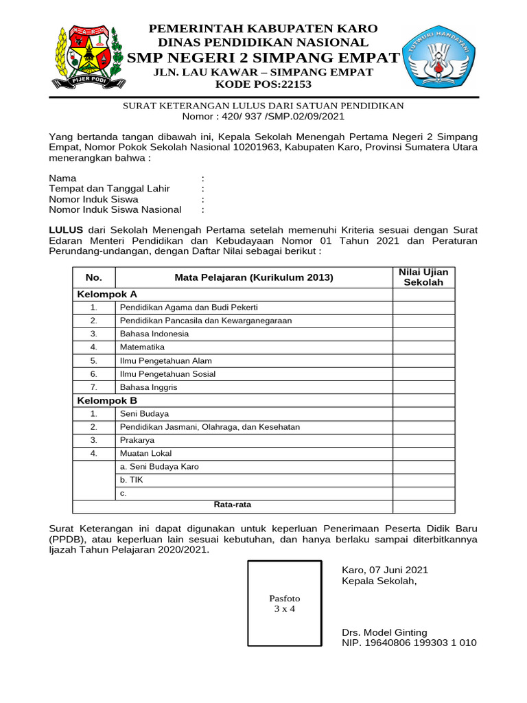 Surat Keterangan Lulus SMP 2021 | PDF