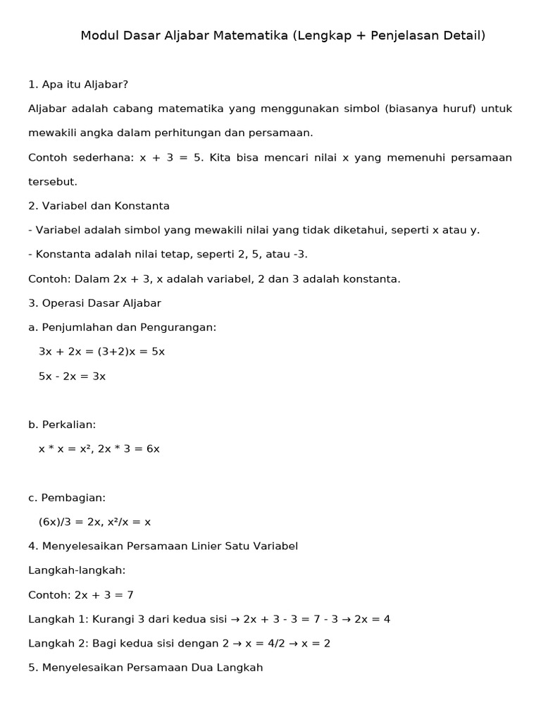 Modul Aljabar Dasar Lengkap | PDF