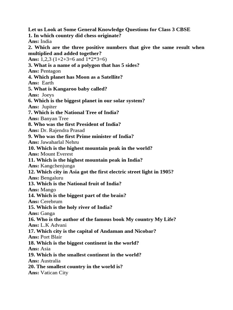 GK Questions for Class 3 with Answers | PDF | Planets | Solar System