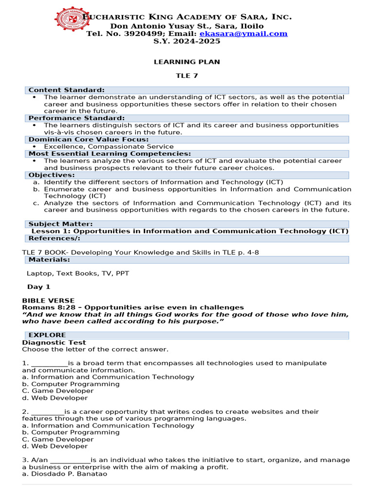Quarter 1 Tle 7 Learning Plan | PDF | Call Centre | Educational Technology