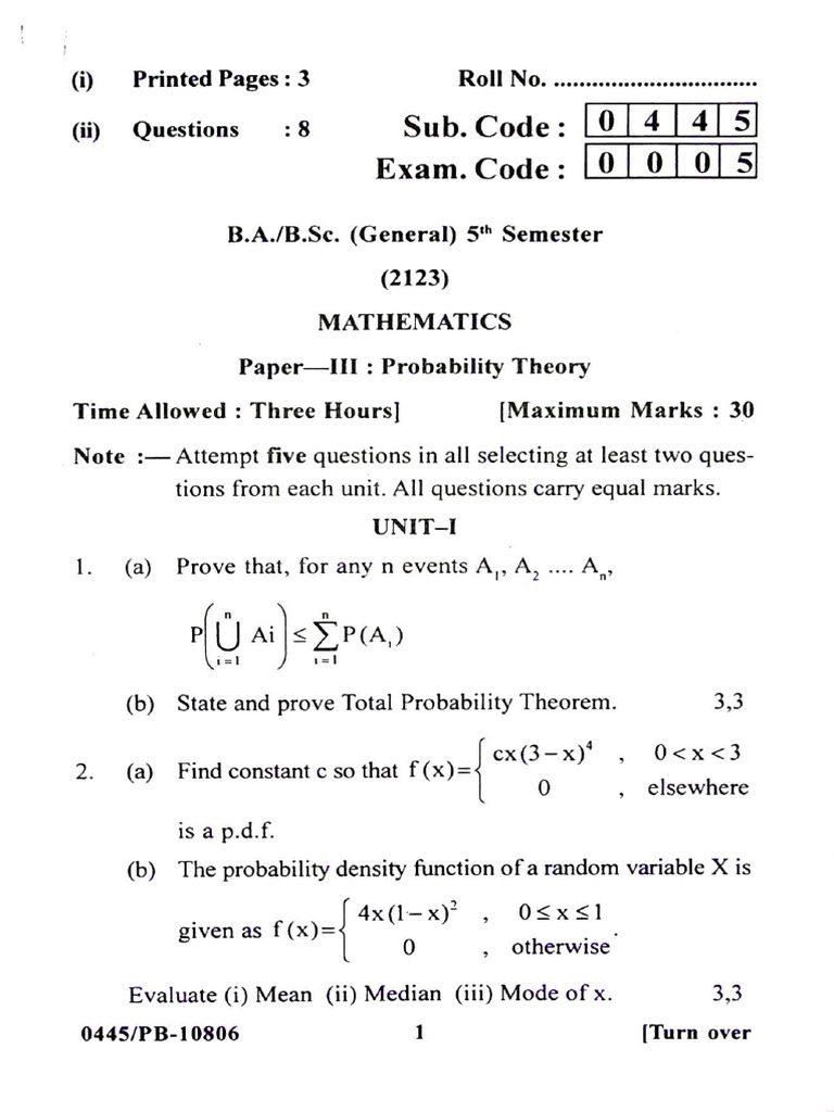BA BSC General 5th Sem Mathematics Paper III Probability Theory December 2023 | PDF
