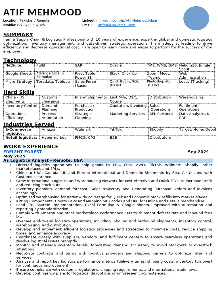 Atif CV - US Remote - Logistics Manager | PDF | Logistics | Warehouse