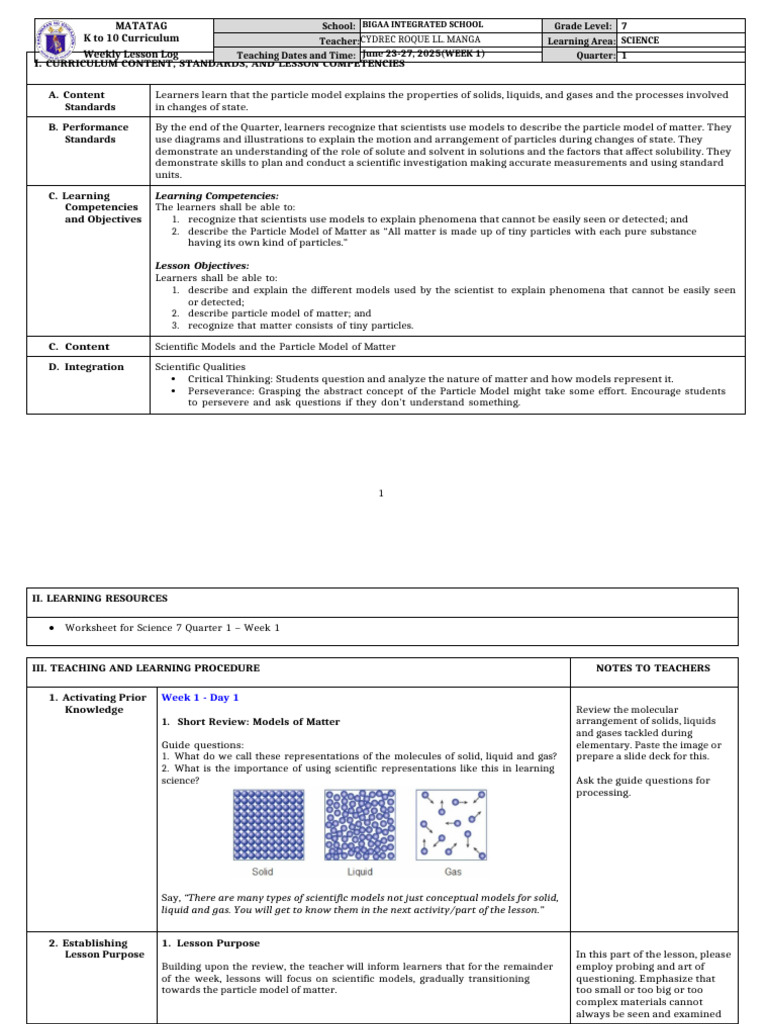 Particle Model of Matter Curriculum Guide | PDF | Conceptual Model ...