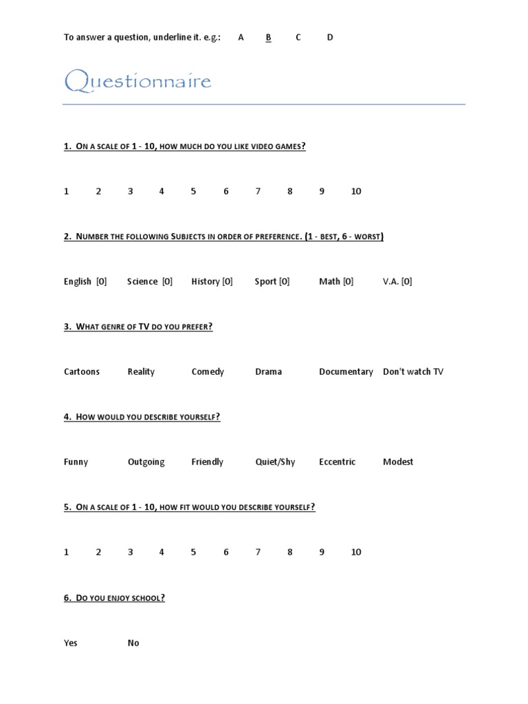Student Preference Questionnaire Template | PDF
