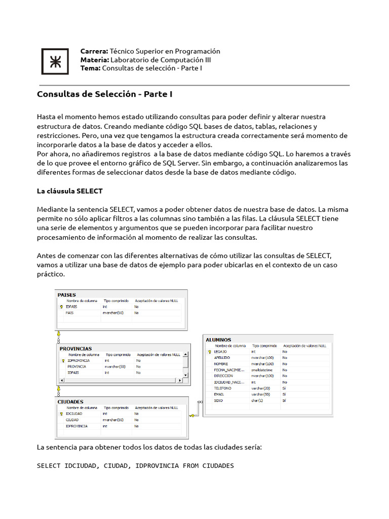 LAB3 - Consultas de Selección - Parte 1 | PDF | SQL | Informática