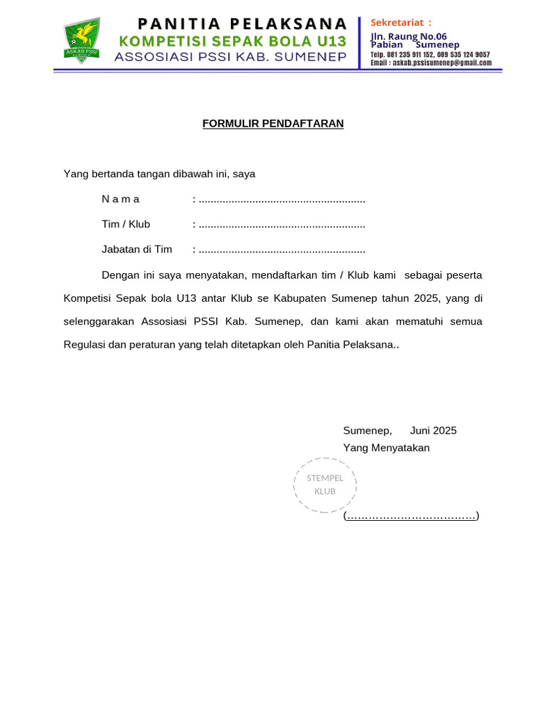 Formulir Pendaftaran U13 2025 | PDF