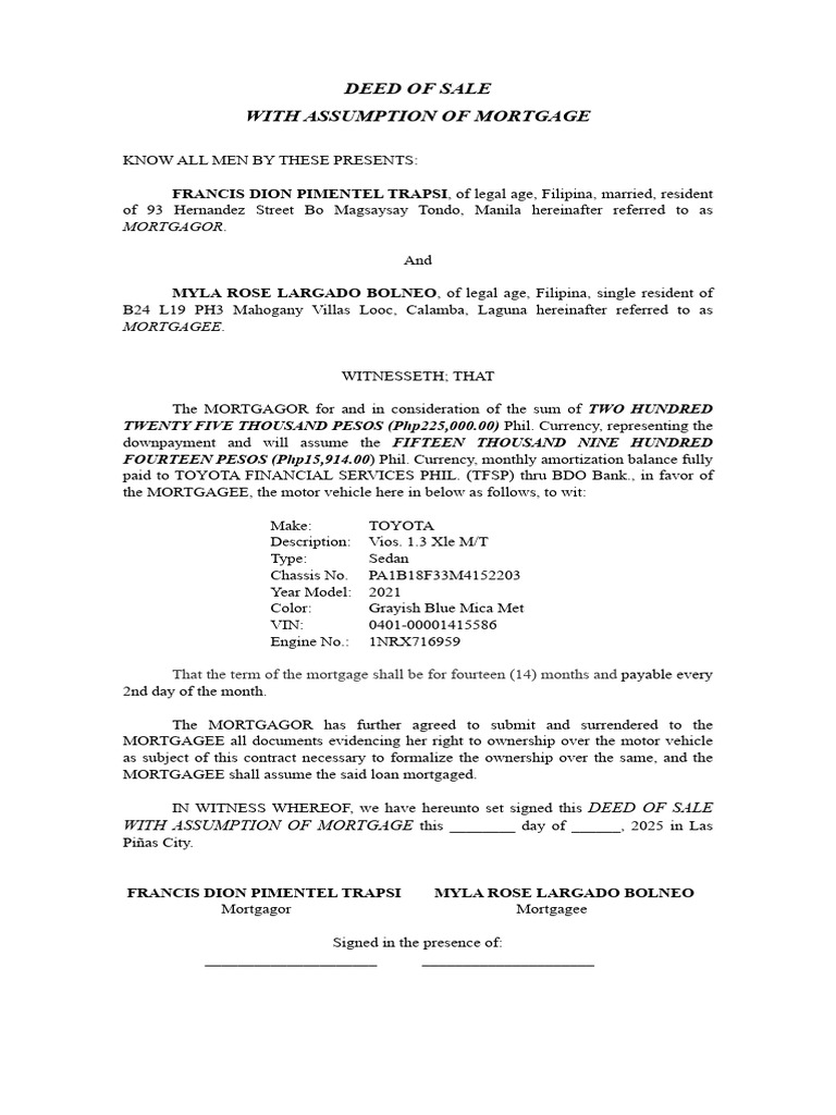 Deed of Sale with Mortgage Assumption | PDF | Mortgage Law | Liability ...