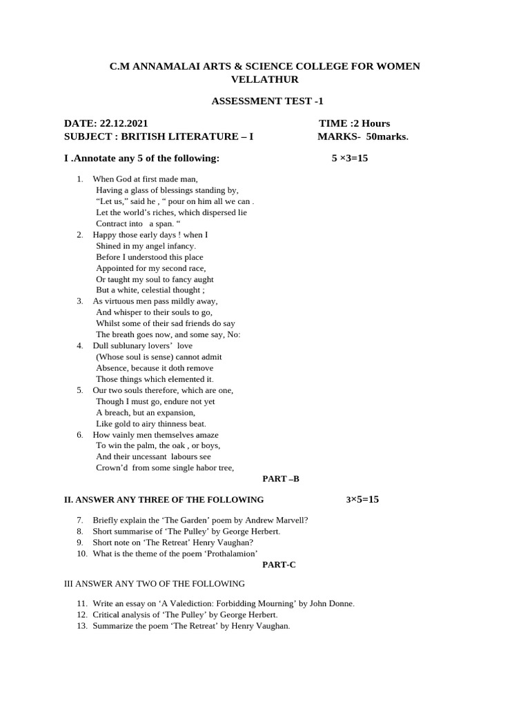British Literature Assessment Test | PDF