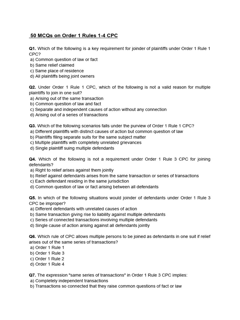50 MCQs On Order 1 Rules 1-4 CPC | PDF | Lawsuit | Joinder