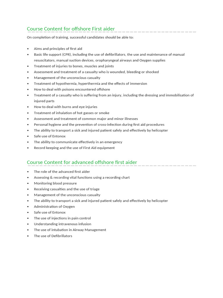 Course Content For Offshore First Aider | PDF