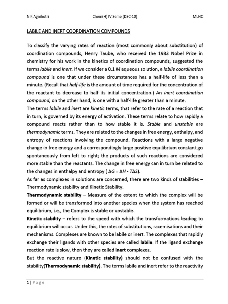 Labile and Inert Complexes DSC-10 | PDF | Coordination Complex | Gibbs ...