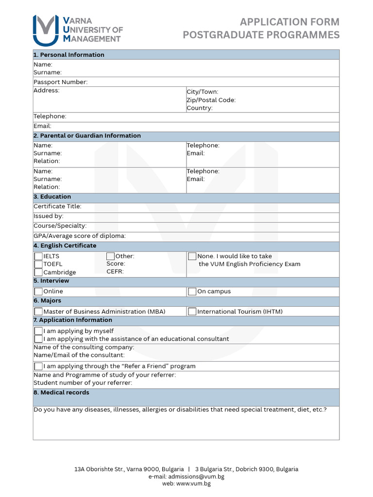 Varna Uni-Application Form Postgraduate | PDF | Leadership | Master Of Business Administration