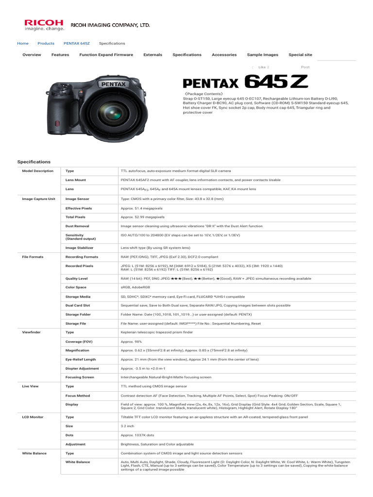 Specifications PENTAX 645Z - RICOH IMAGING | PDF | Autofocus | Shutter (Photography)