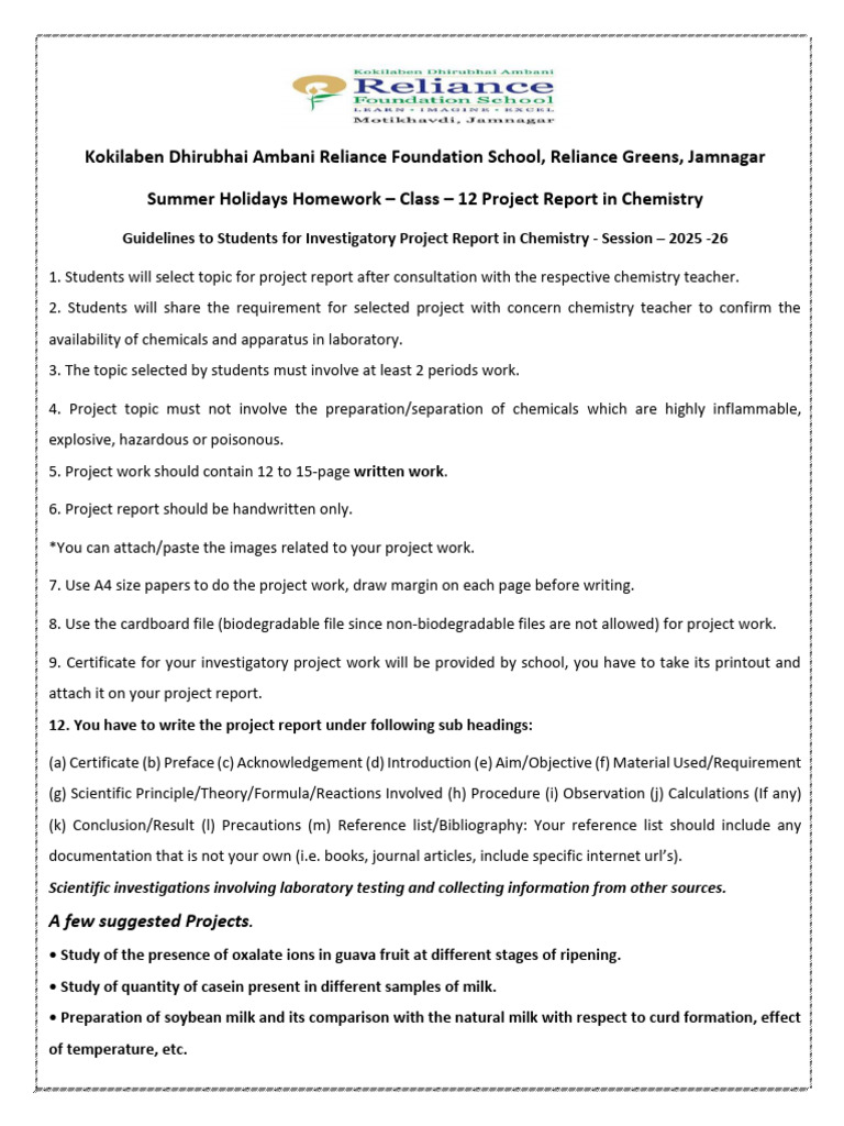 Class 12 Chemistry Project Guidelines | PDF