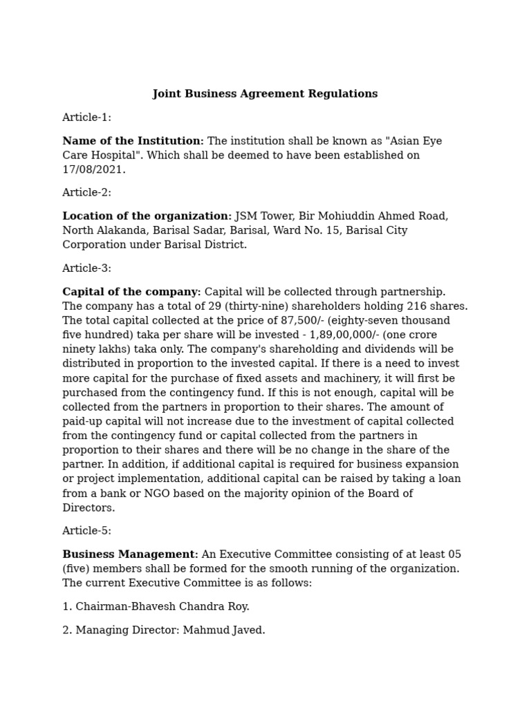 Joint Business Agreement Regulations Asian Eve Hospital | PDF ...