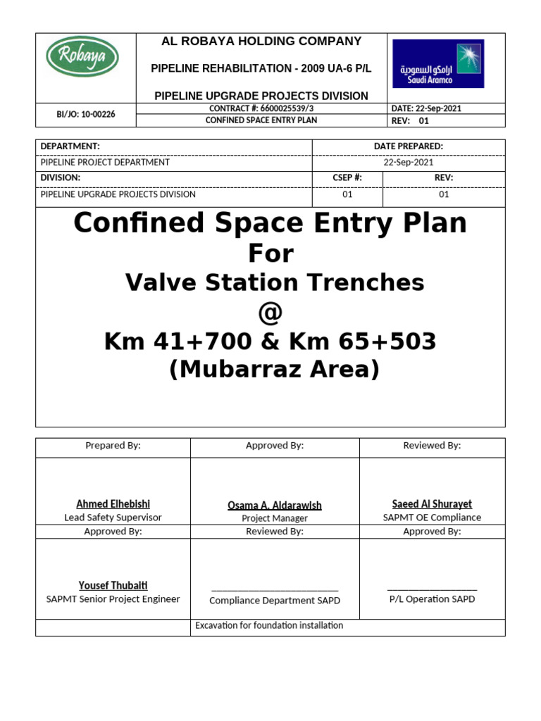 Confined Space Entry Plan For Valve Station Trench KM 41+700 & KM 65+503 | PDF | First Aid ...