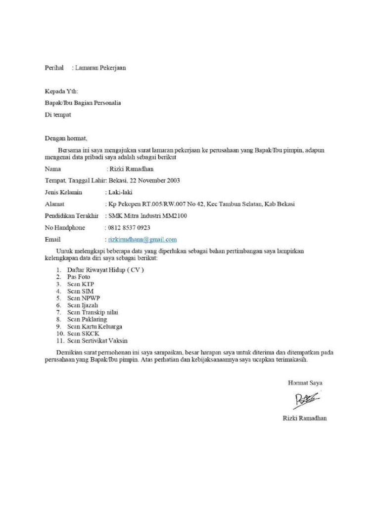 LAMARAN KERJA RIZKI RAMADHAN - 11zon | PDF