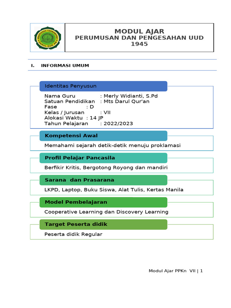 Modul Ajar PPKN Kelas 7 Bab 2 Mts Revisi | PDF
