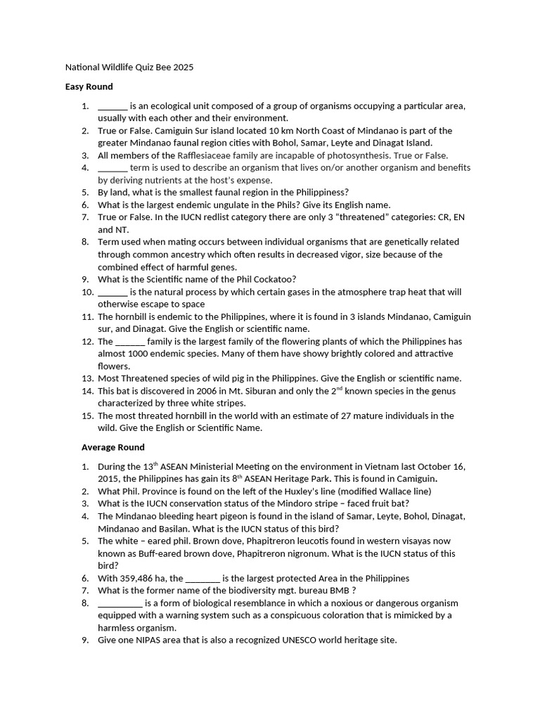 Philippine Wildlife Quiz Bee 2025 | PDF | Organisms | Biology