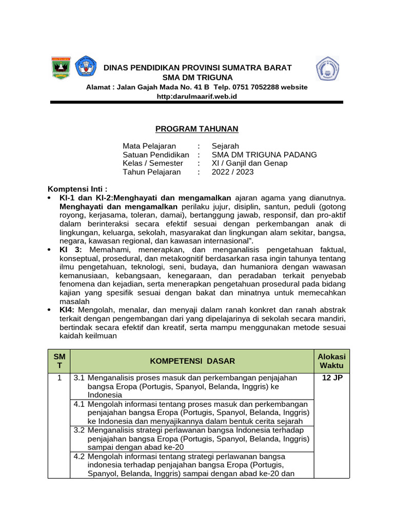 Program Tahunan Sejarah SMA DM Triguna | PDF