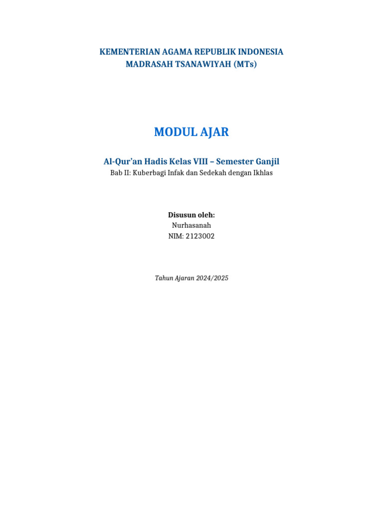 Modul Ajar Infak Sedekah Nurhasanah Dihias | PDF