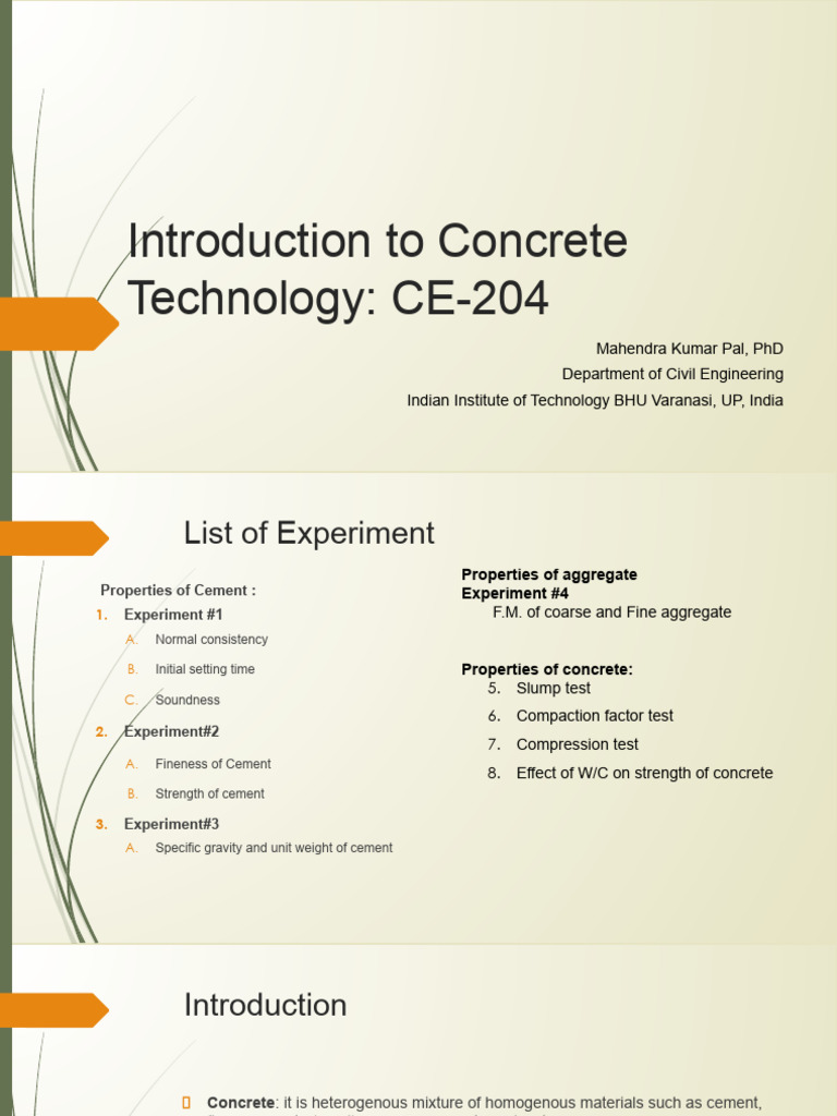 Introduction To Concrete Technology | PDF | Concrete | Cement