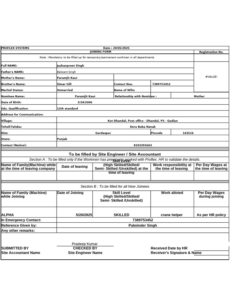 Joining Form For Jashanpreet Singh | PDF