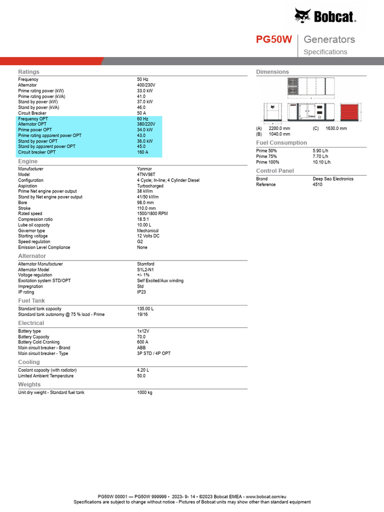 PG50W Generator Data Sheet | PDF | Engines | Electric Generator