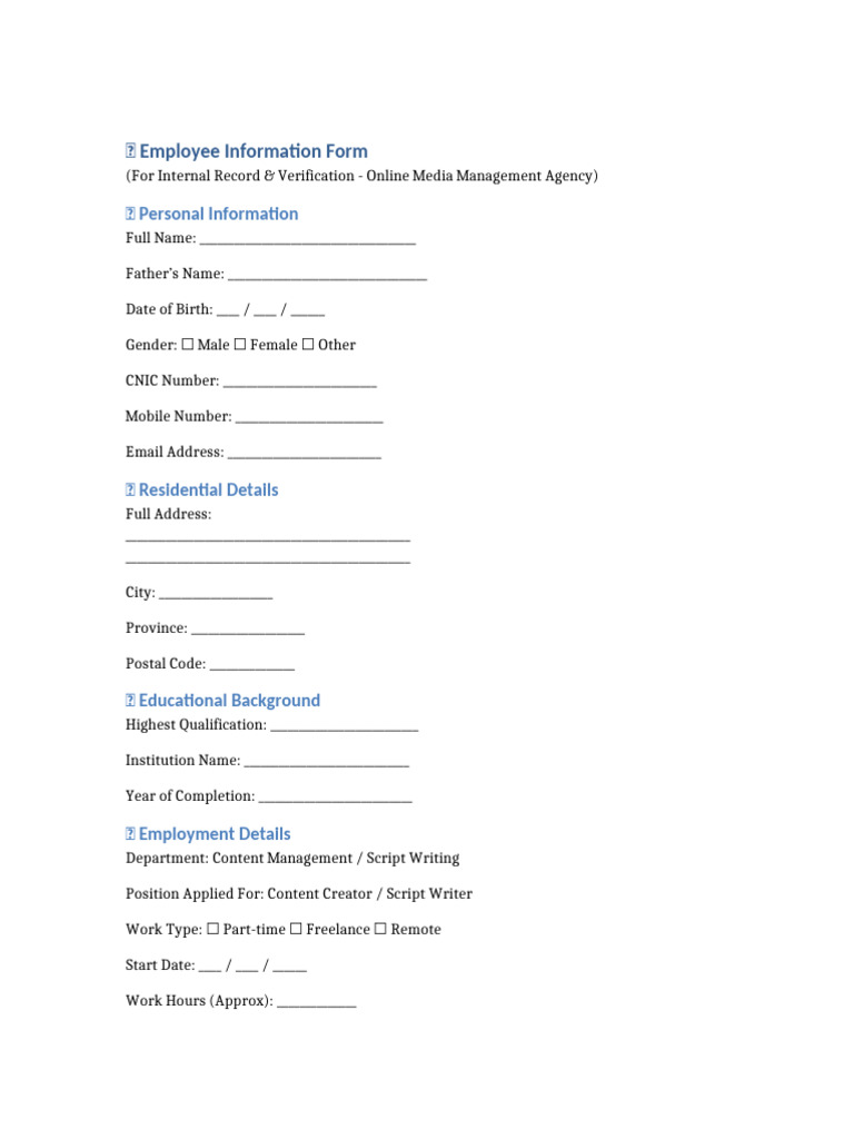 Employee Information Form | PDF