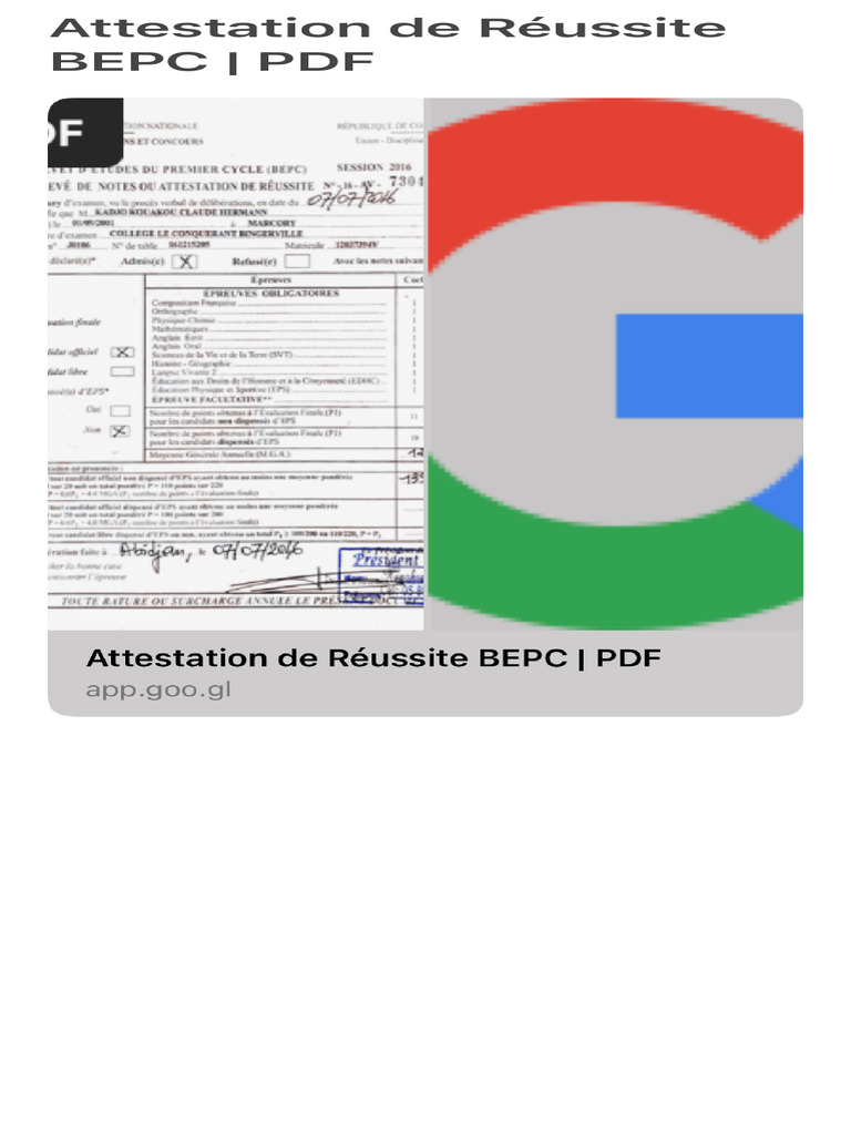 Attestation de Réussite BEPC - PDF | PDF