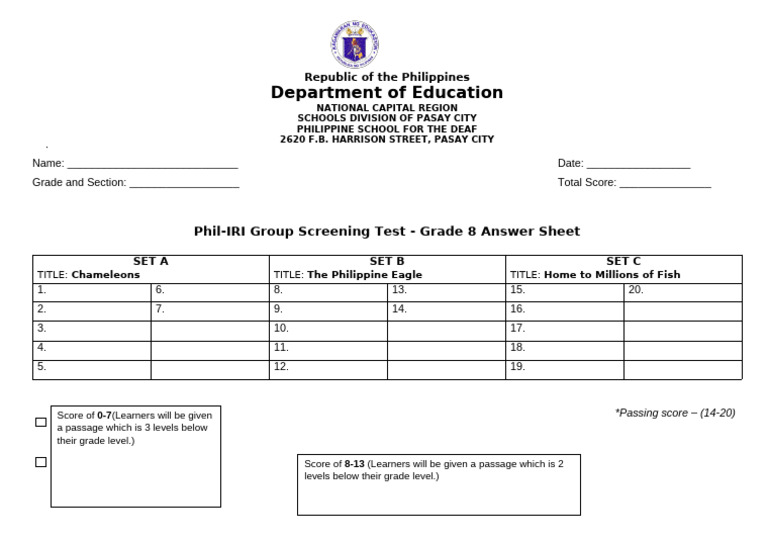 Grade 8 Phil-IRI Answer Sheet | PDF