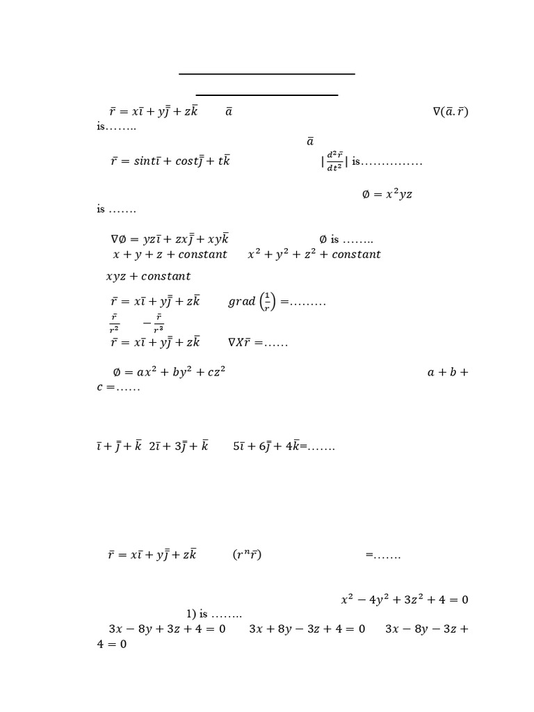 Vector Differentiation MCQs and Answers | PDF | Mathematics ...
