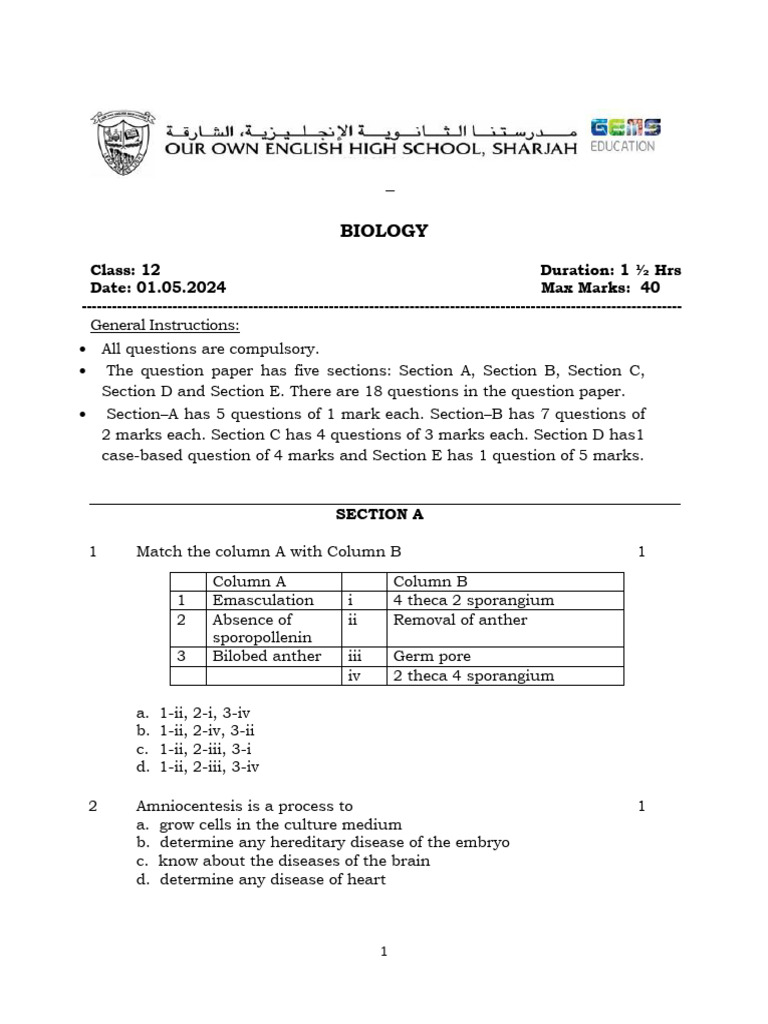 G12 - Biology - Unit Test 1 - April 2024 - QP | PDF | Fertilisation ...