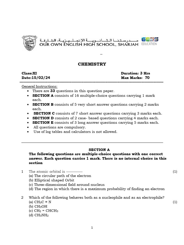 G11_Annual Exam_Chemistry_QP | PDF | Isomer | Chemical Reactions