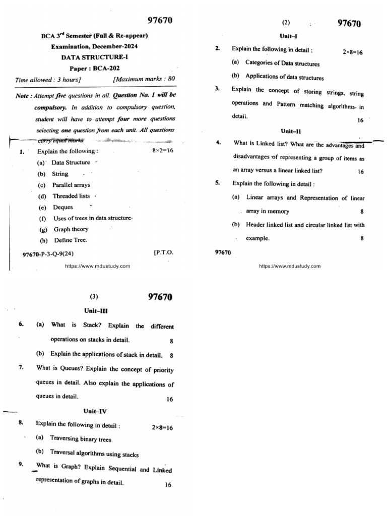 Bca 3 Sem Data Structure 1 97670 Dec 2024 | PDF