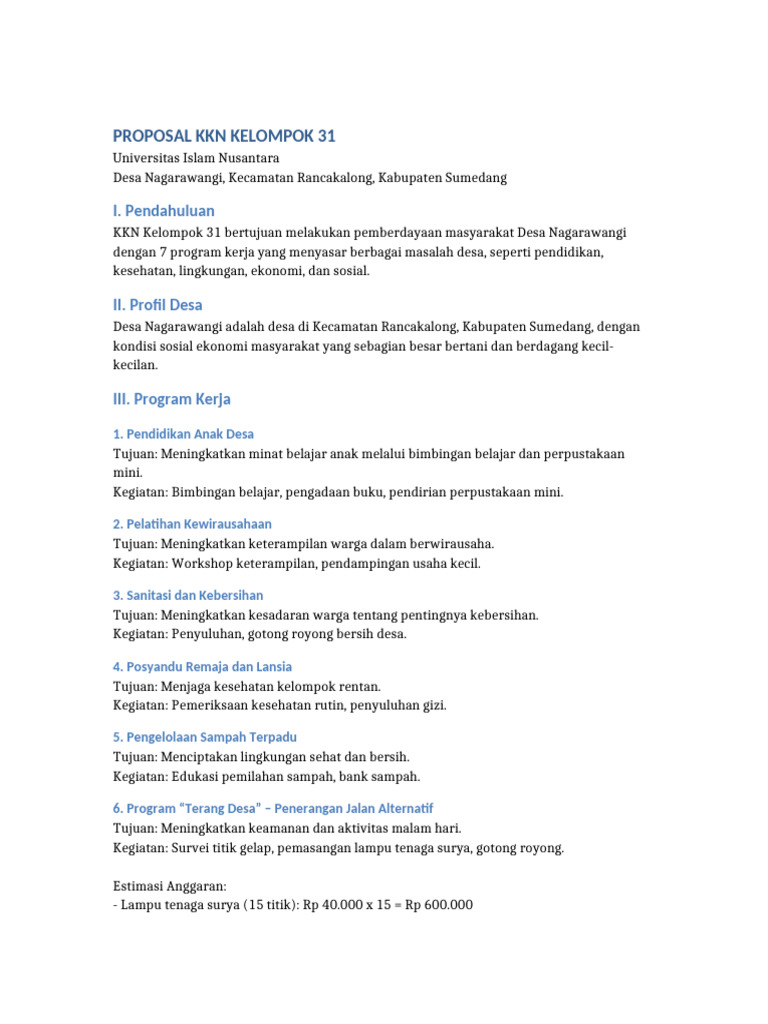 Proposal KKN Kelompok 31 - UNINUS | PDF