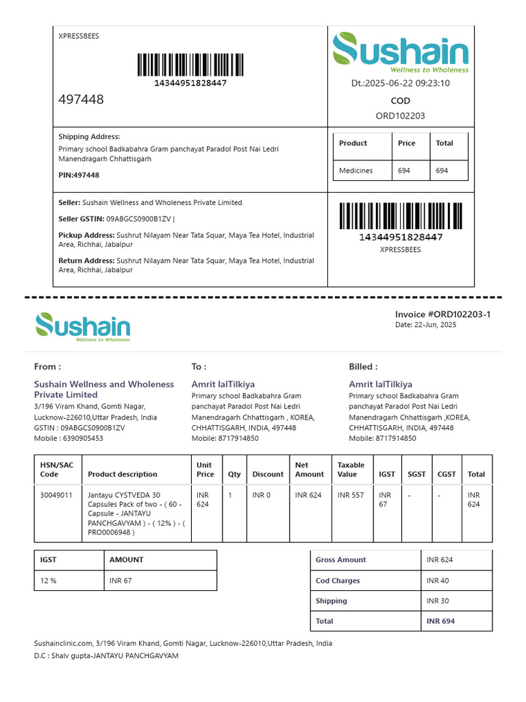 Sushainclinic.com Mwarehouse Slip and Invoice Shipment 66263 | PDF