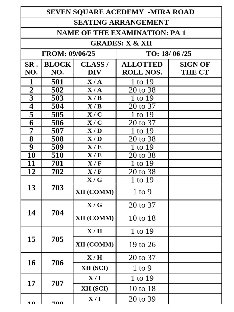 Pa - 1 Seating Arrangement (X & Xii) | PDF
