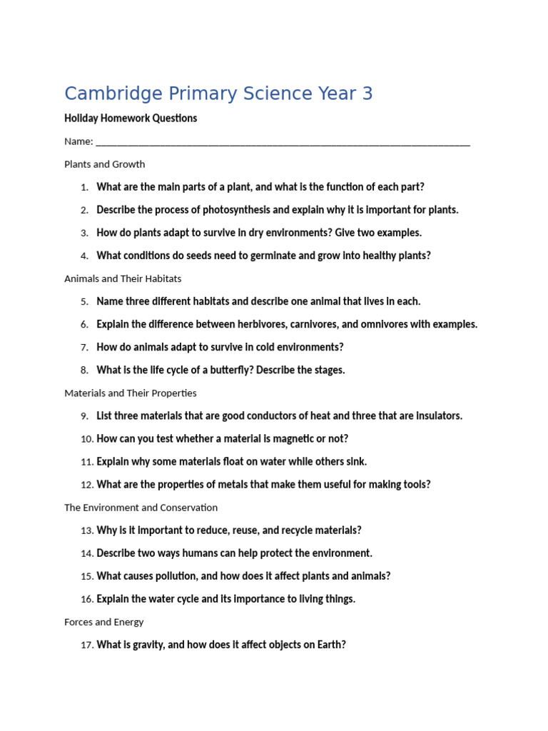Year 3 Science Holiday Homework | PDF