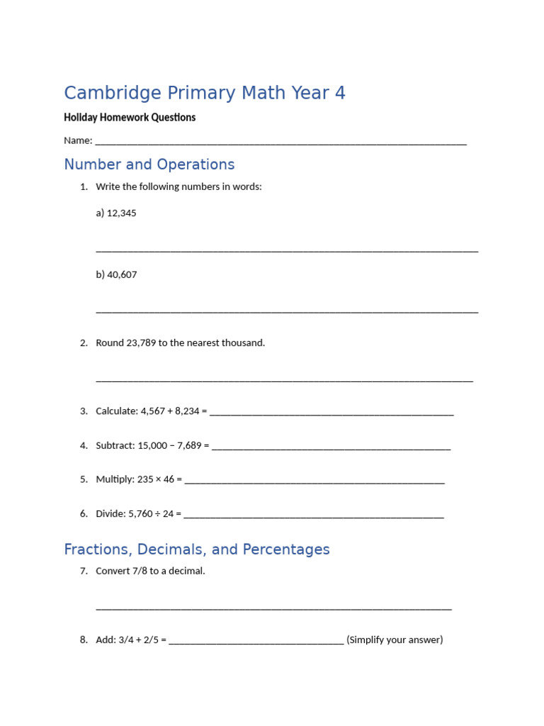 Cambridge Primary Math Year 4 Worksheet | PDF | Length | Area