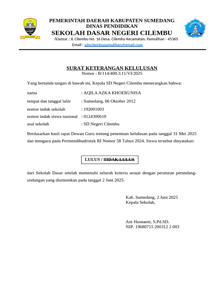 Surat Keterangan Kelulusan 2024-2025 | PDF