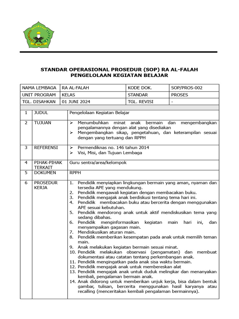 14 Sop Paud Pengelolaan Kegiatan Belajar | PDF