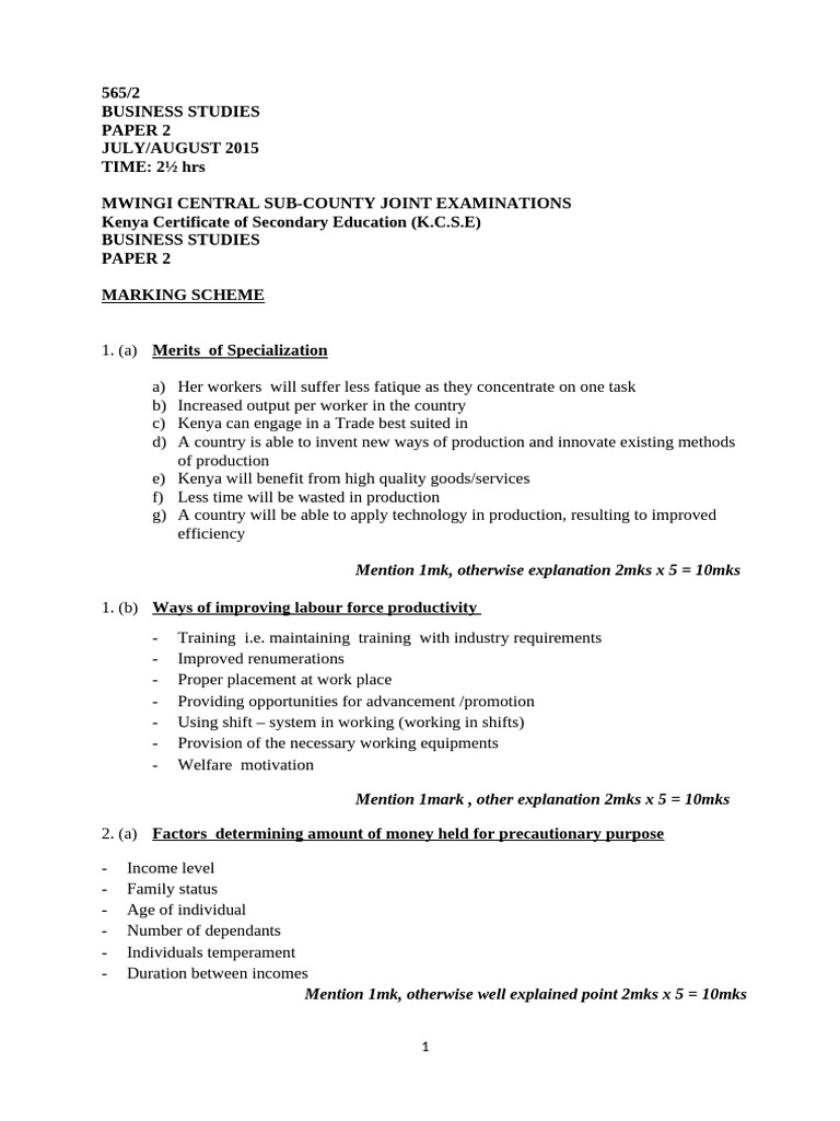 Business Studies Paper 2 Marking Scheme 2015 Mwingi Central Sub-County | PDF | Cheque | Unemployment