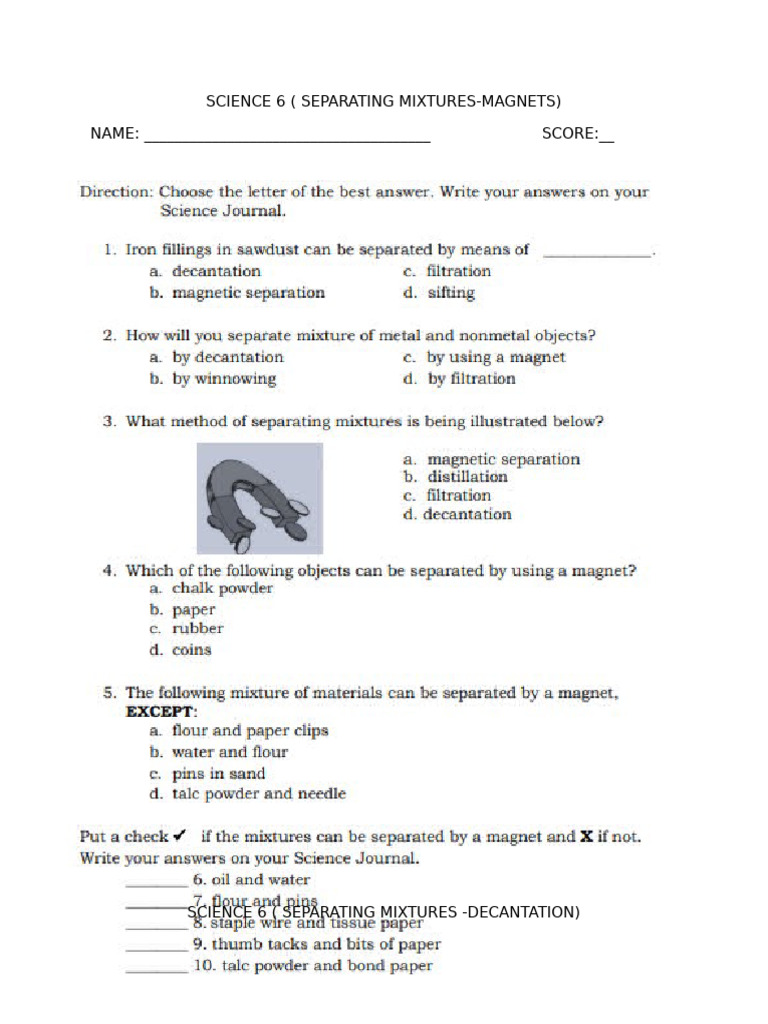 Science 6 (Magnets, Decantation) | PDF