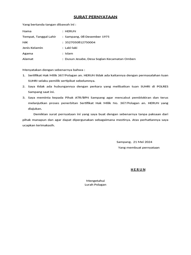 Surat Pernyataan Herun | PDF