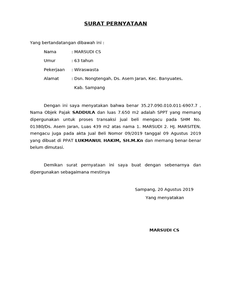 Surat Pernyataan Objek Pajak SADDULA | PDF