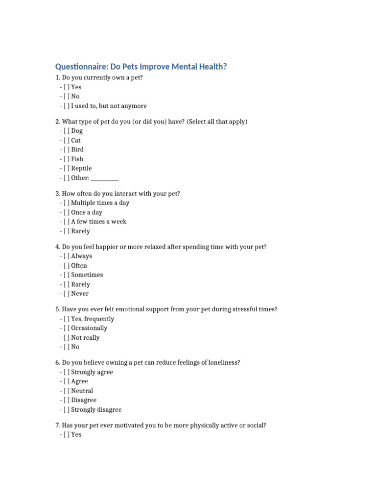 Do Pets Improve Mental Health Questionnaire | PDF