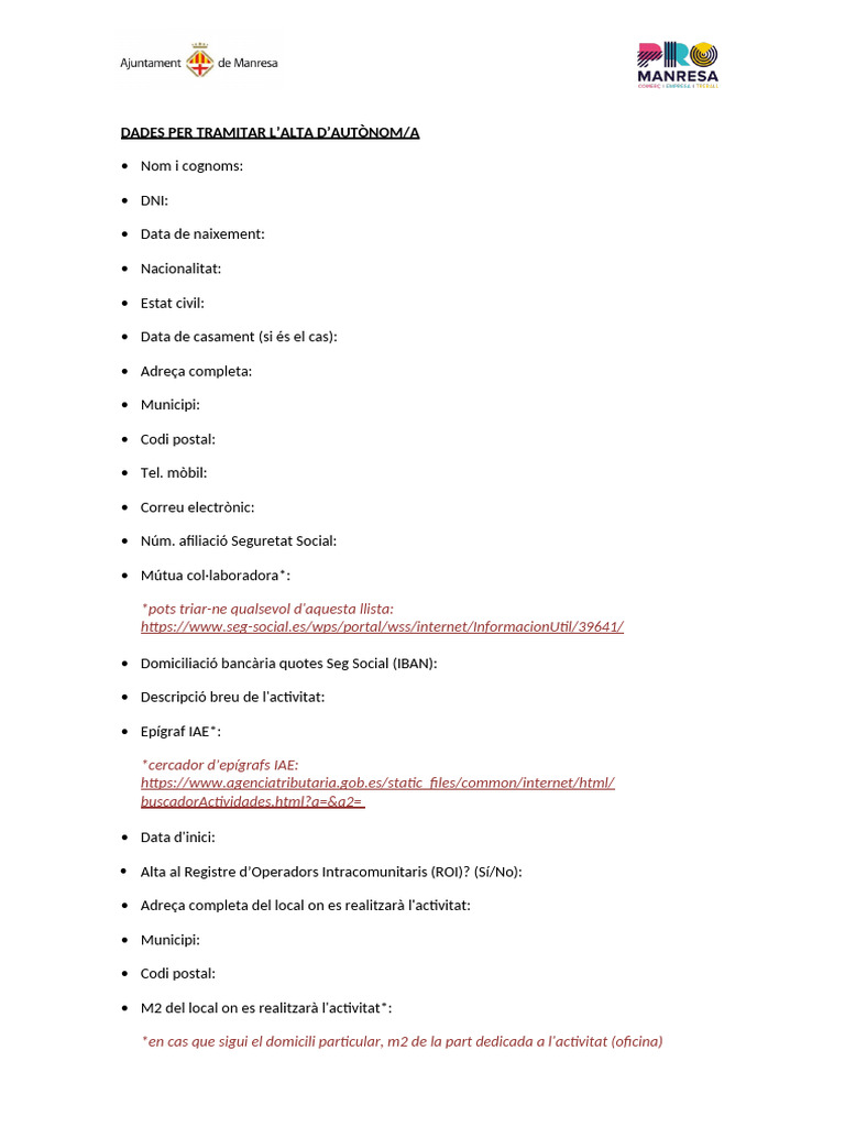 Formulari Dades Alta - Autònom Persona Física | PDF