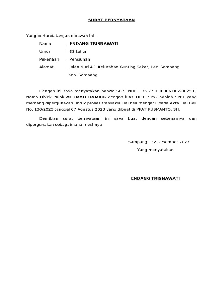 Surat Pernyataan Beda SPPT | PDF